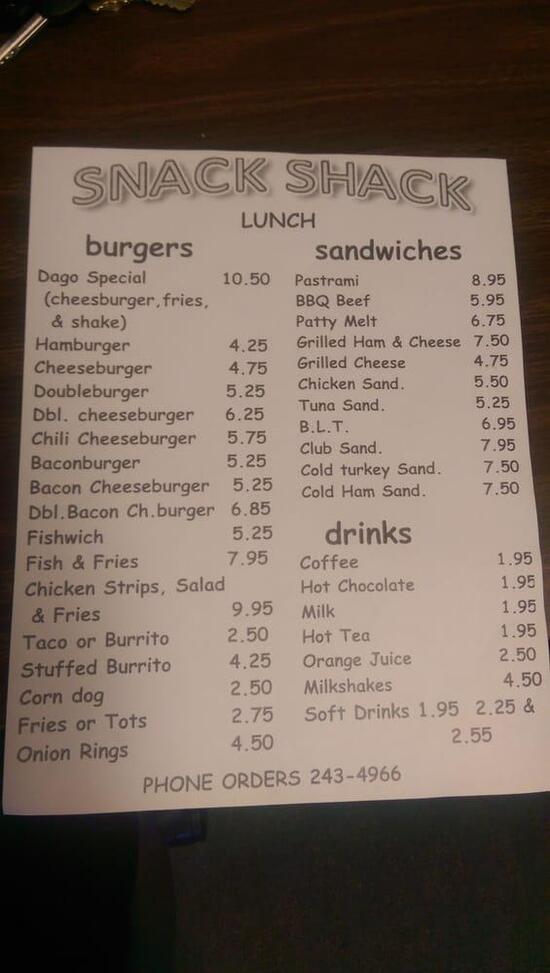 Menu at Snack Shack restaurant, Redding