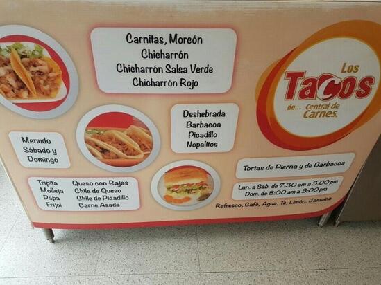 Menu at Tacos Central de Carnes restaurant, Monterrey