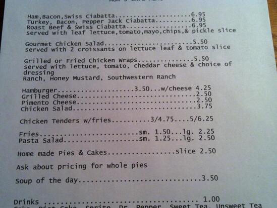 Menu at Mom's Cafe, Springfield