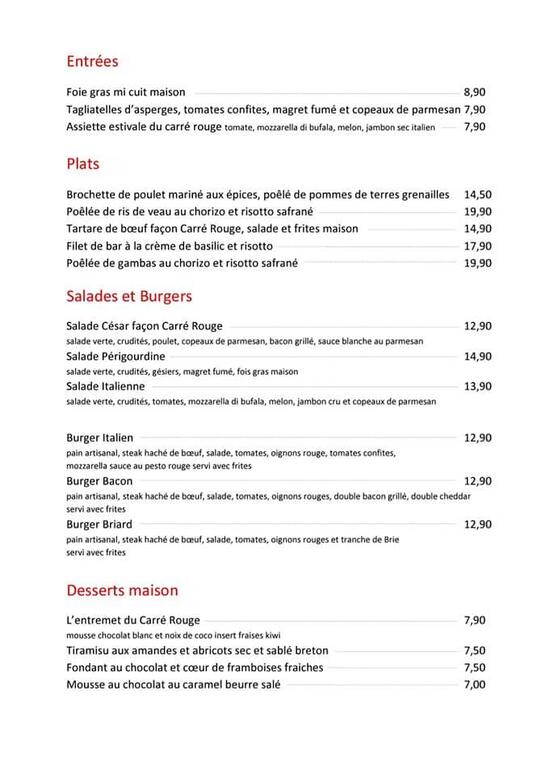 Menu au O'carre Rouge restaurant, Coulommiers
