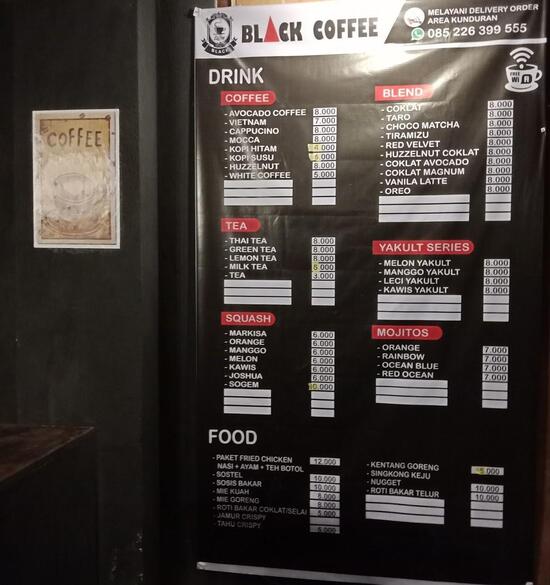Menu at Black Coffee cafe, Kunduran