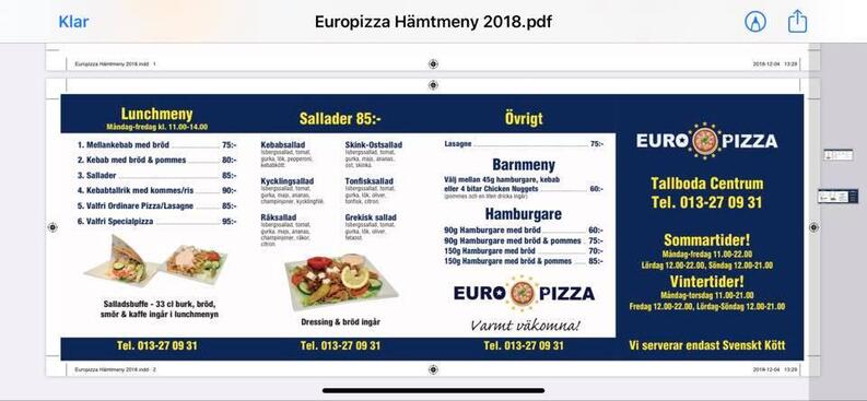 Menu at Europizza restaurant, Linköping