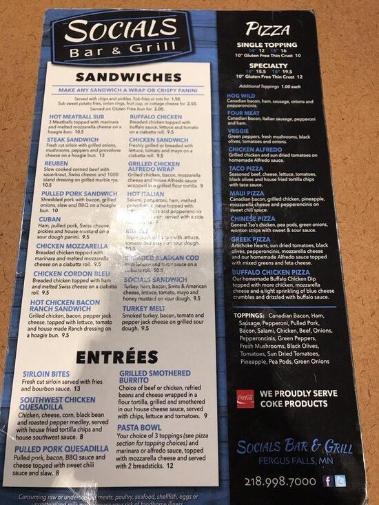 Menu at Socials Bar & Grill, Fergus Falls