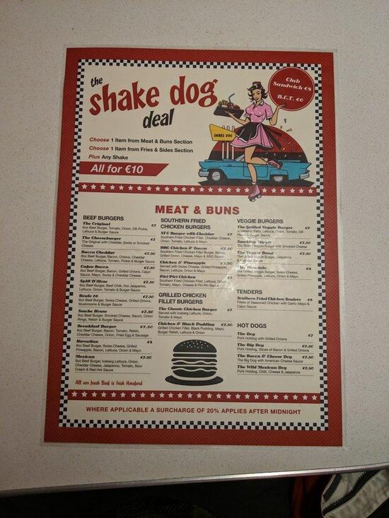 Menu at Shake Dog fast food, Drogheda, Drogheda Town Centre