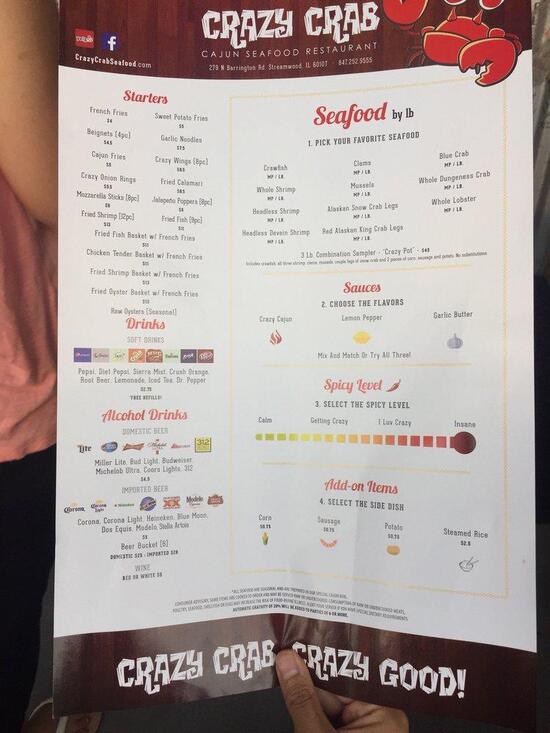Menu at Crazy Crab Seafood Restaurant, Streamwood, 279 Barrington Rd