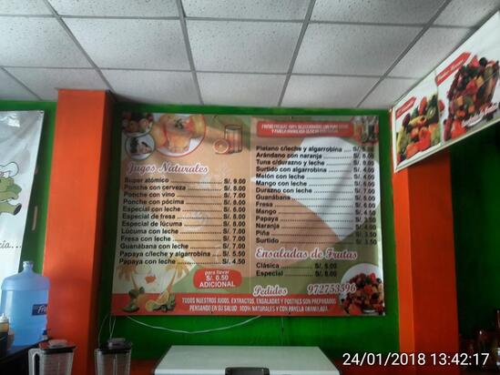 Menu at Jugueria Yupy restaurant, Piura