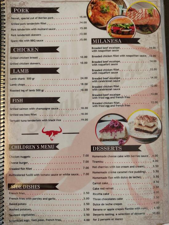 Menu at Bull Steak House restaurant, Benalmádena