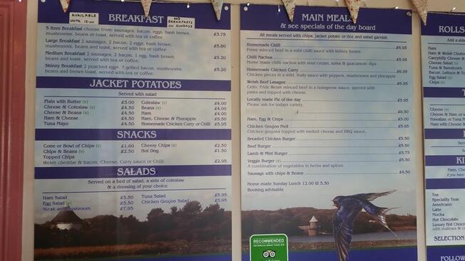 Menu at Caffi ar y Llyn cafe, Gorslas, Llyn Llech Owain