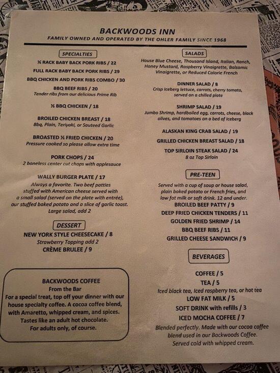 Menu at Backwoods Inn pub & bar, Santa Clarita