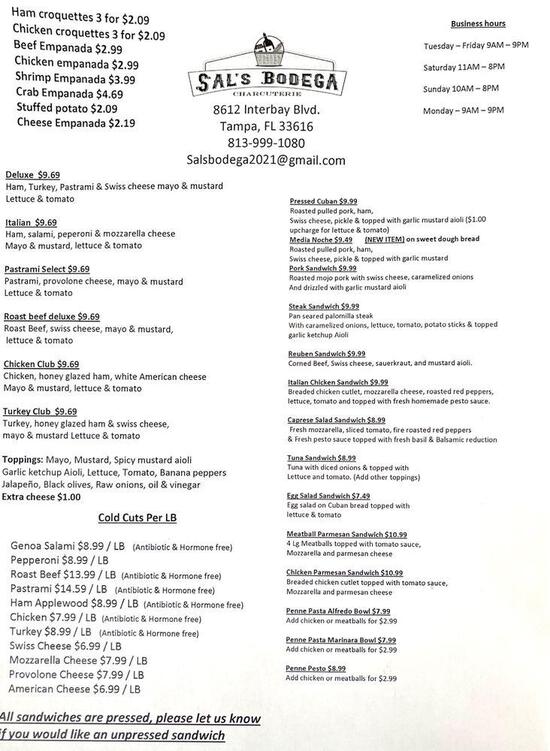 Menu at Sal's Bodega restaurant, Tampa