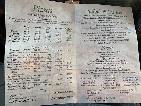 Menu at Romano's Pizza pizzeria, Homestead