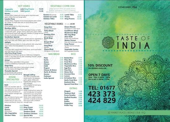 Menu at Taste of India restaurant, Bedale
