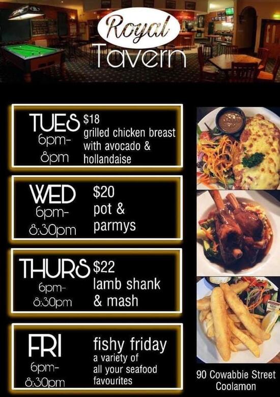 Menu at Royal Tavern Hotel Coolamon pub & bar, Coolamon