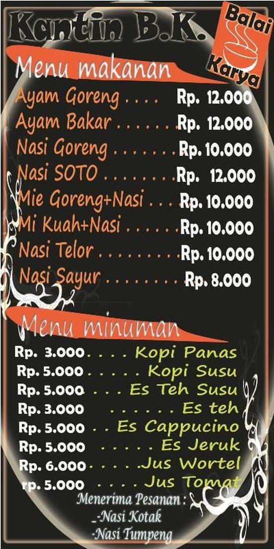 Menu at Kantin Balai Karya Bengkulu restaurant, Bengkulu
