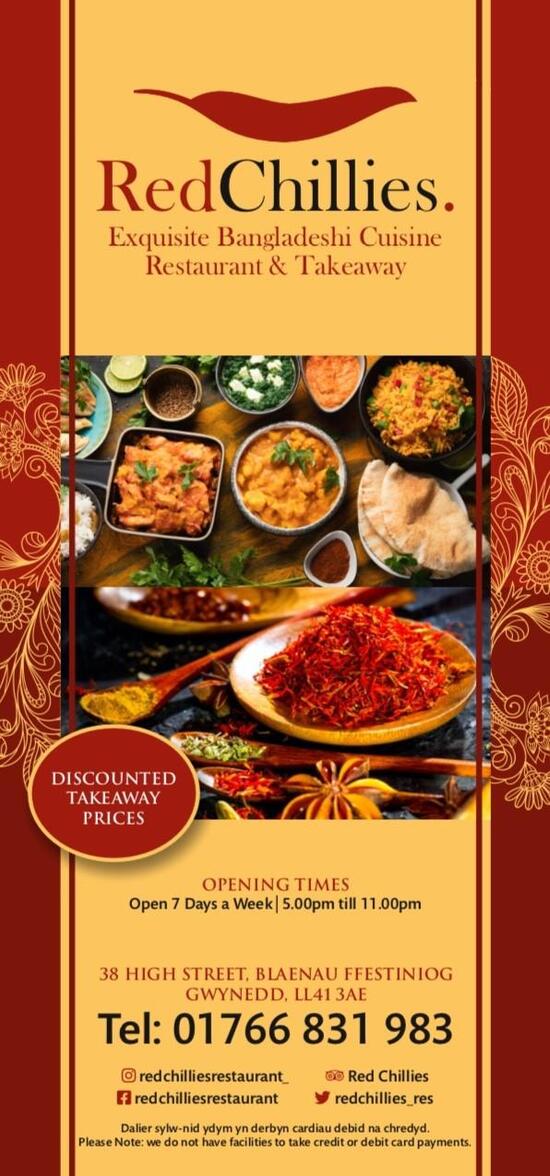 Menu at Red Chillies restaurant, Blaenau Ffestiniog