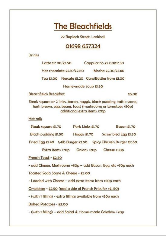 Menu at The Bleachfields Coffee House Larkhall, Larkhall