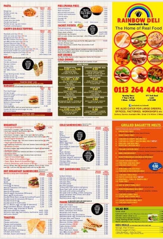 Menu at Rainbow Deli cafe, Leeds