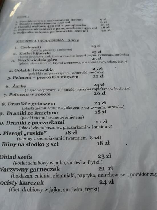 Menu at RESTAURACJA UKRAIŃSKA restaurant, Swinoujscie