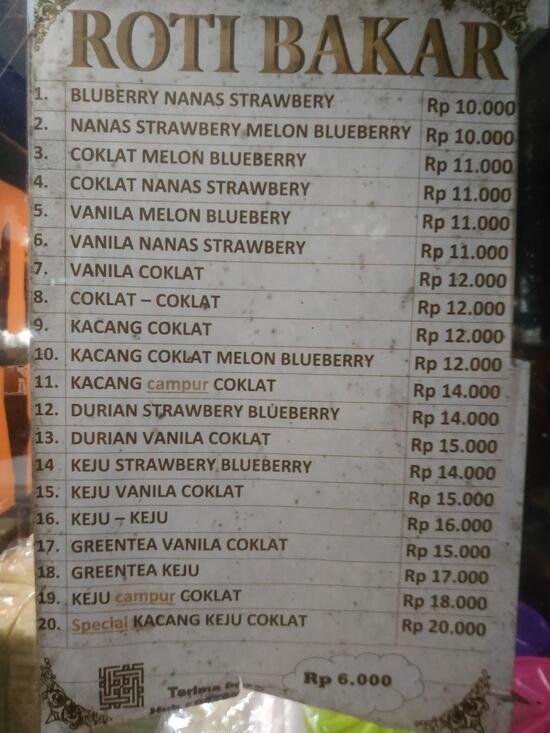 Menu at Roti Bakar, Candi Mulyo, Jl. Gus Dur No.85