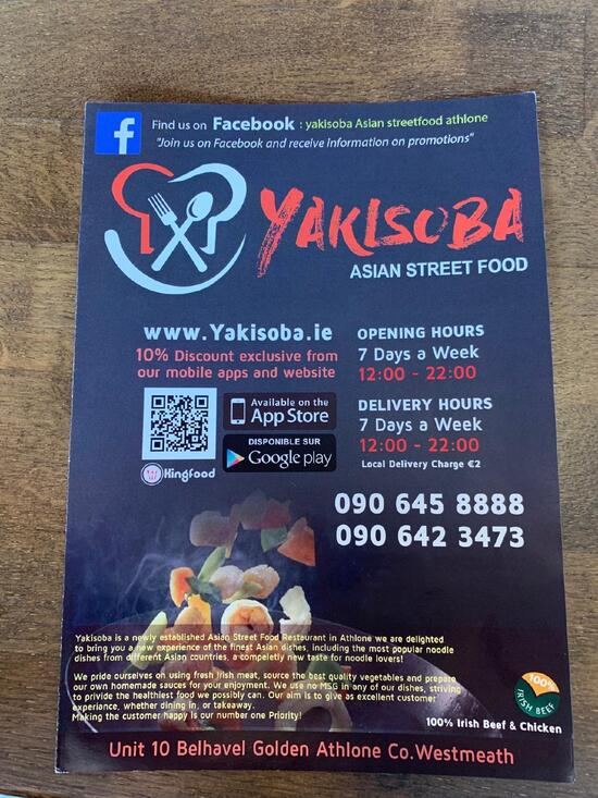 Menu at Yakisoba pub & bar, Athlone