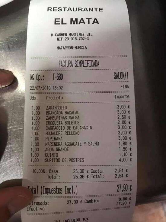 Menu at El Mata restaurant, Mazarrón
