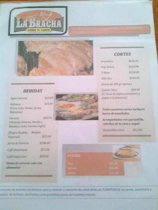 Carta del restaurante La Bracha, Toluca del Lerdo