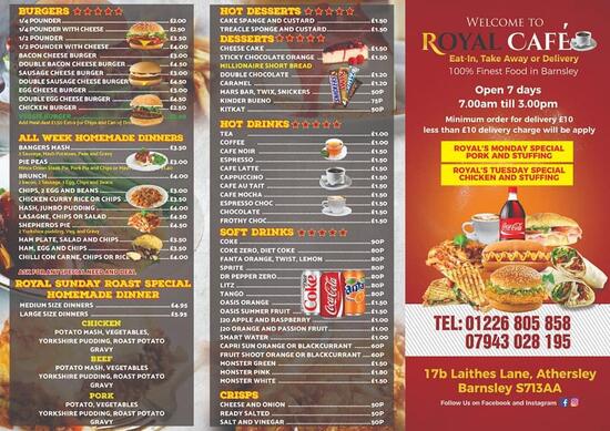 Menu at Royal Cafe, Barnsley