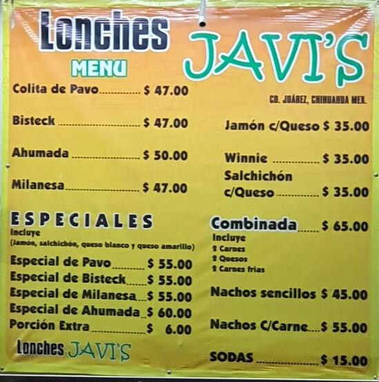 Menu at Lonches Javi's restaurant, Ciudad Juarez