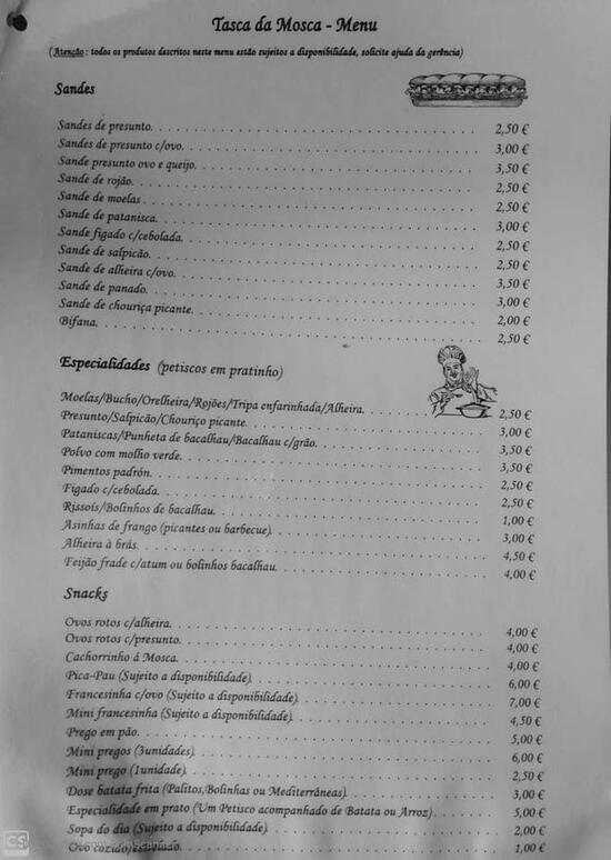 Menu at Tasca Da Mosca pub & bar, Vila Nova de Gaia, Rua Teixeira Lopes ...