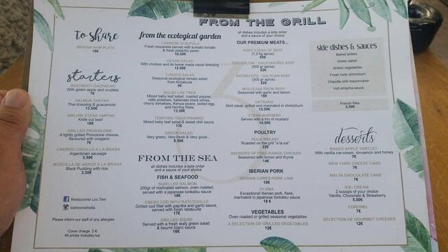 Menu at Los Tres steakhouse, Marbella, Calle Rosalía de Castro