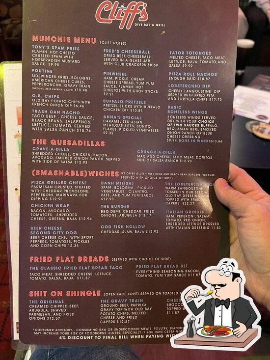 Menu at Cliff's Dive Bar & Grill, Cedar Rapids