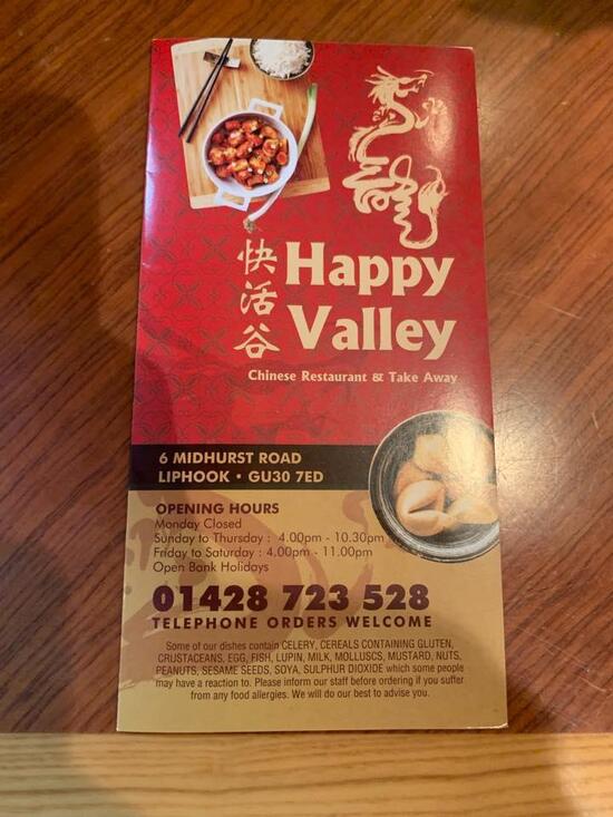 Menu at Happy Valley Chinese Restuarant&Take Away restaurant, Liphook