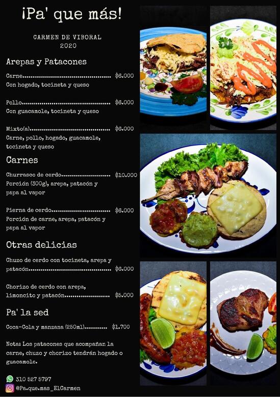 Menu at ¡Pa' que más! restaurant, El Carmen de Viboral