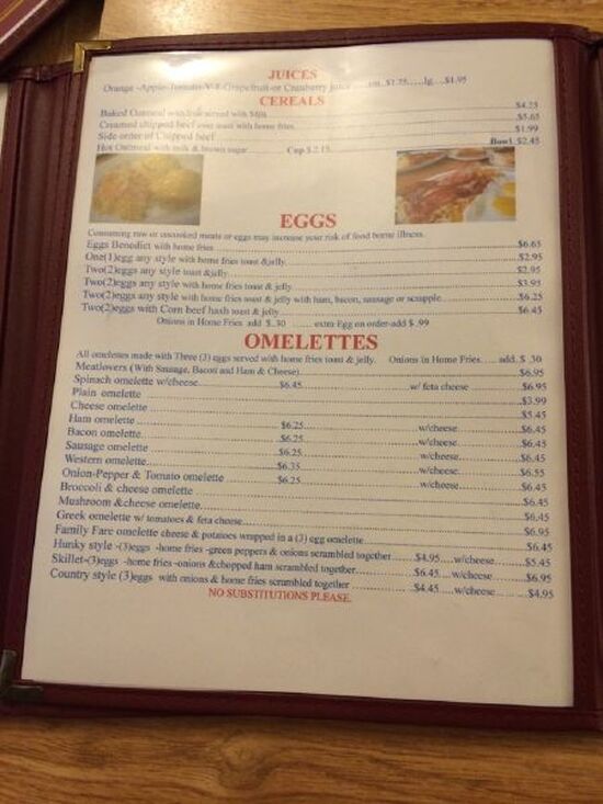 Menu at Family Fare restaurant, East Petersburg