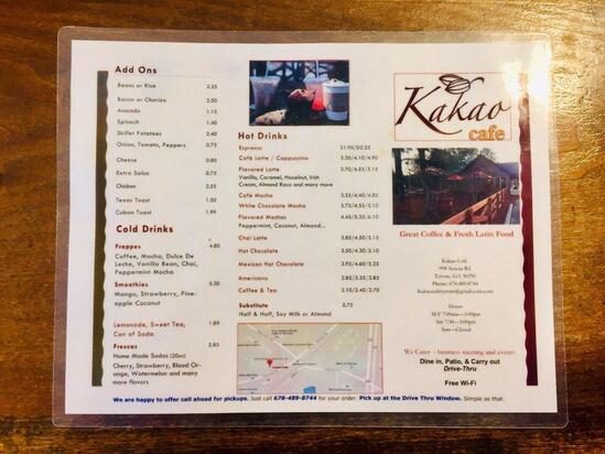 Menu at Kakao Cafe, Tyrone