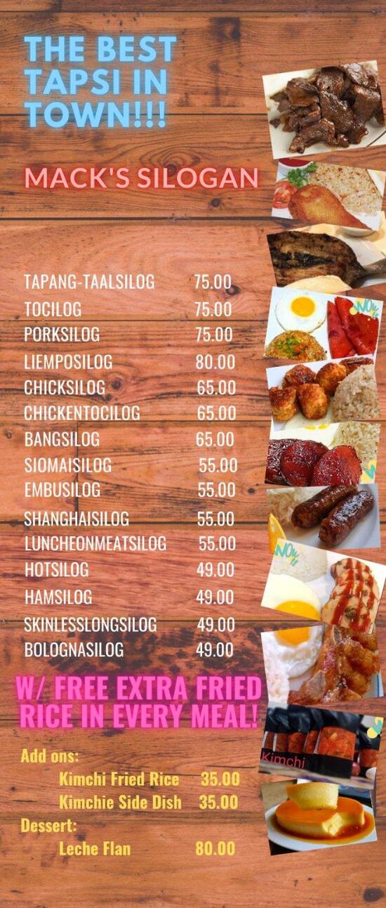 Menu at Mack's silogan restaurant, Calamba