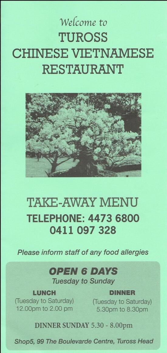 Menu at Tuross Chinese & Vietnamese Restaurant, Tuross Head