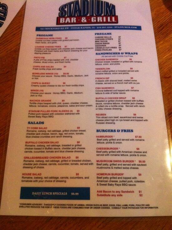 Carta de Stadium Bar-Grill, Cedar Rapids