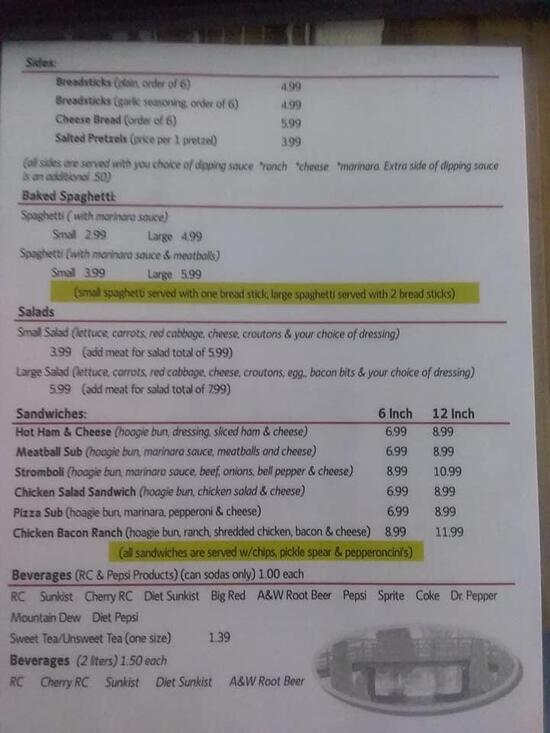 Menu at Bridgeview Pizzeria, Island
