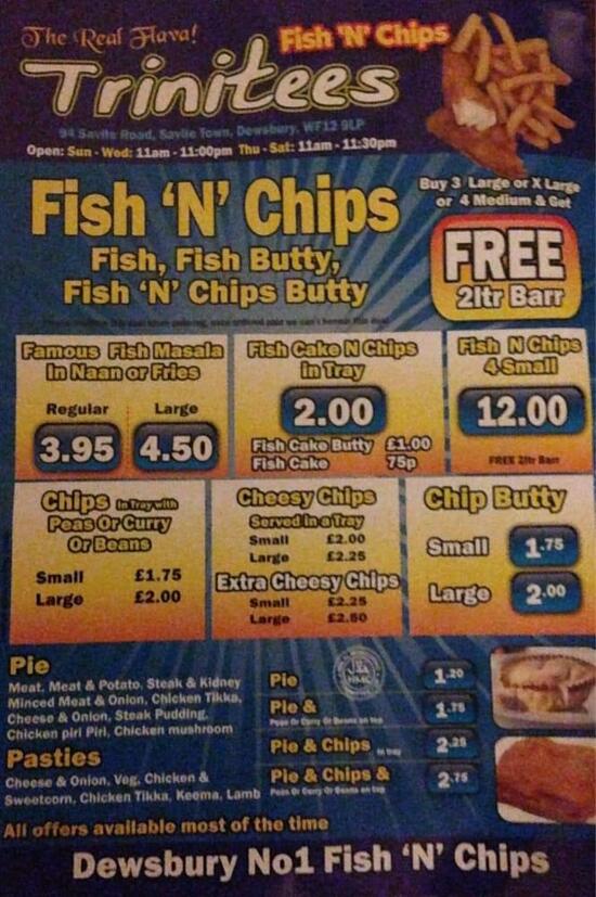 Menu at Trinity restaurant, Dewsbury