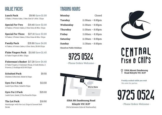 Menu at Central Fish & Chips fast food, Kilsyth