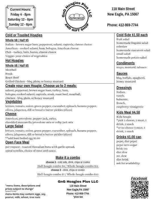 Menu at GnG Hoagies Plus LLC restaurant, New Eagle