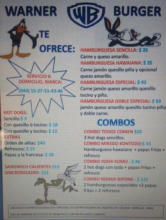 Menu at HAMBURGUESAS WARNER BURGUER restaurant, Mexico City