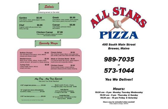 Menu at ALL STARS PIZZA pizzeria, Brewer