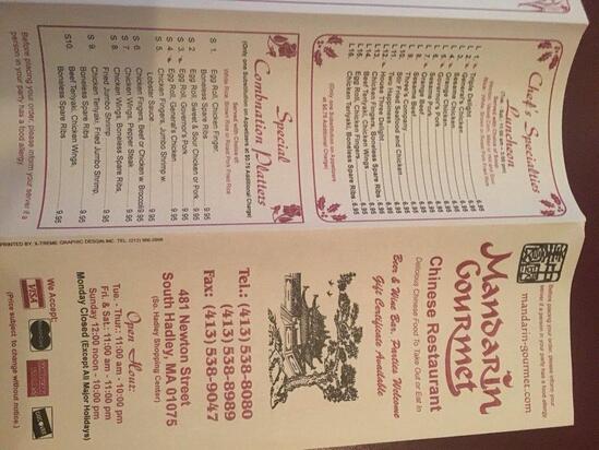 Menu at Mandarin Gourmet Restaurant, South Hadley, 481 Newton St