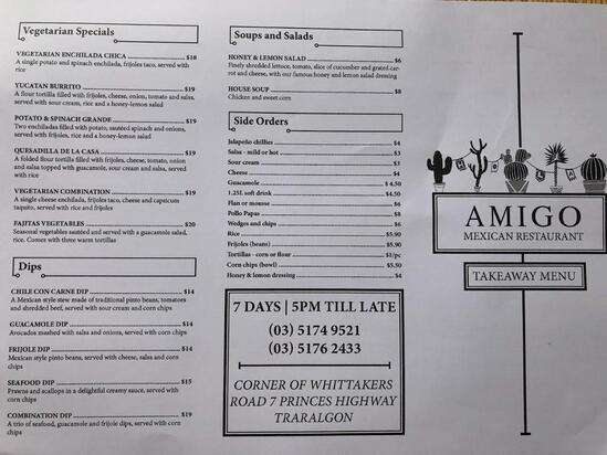 Menu at Amigo Mexican Restaurant, Traralgon