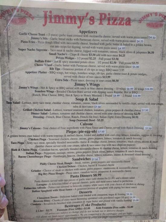 Menu at Jimmy's Pizza pizzeria, Beulah, Highway 49 N