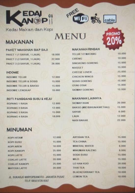 Carta del restaurante Kedai Kanopi (Kedai Makan Dan Kopi), Central Jakarta