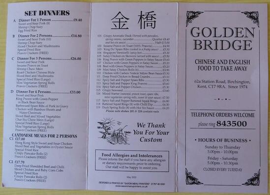 Menu at Golden Bridge fast food, Birchington-on-Sea