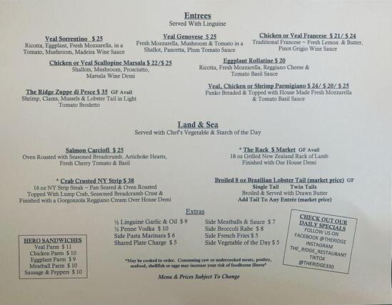 Menu at The Ridge Restaurant, Hawley